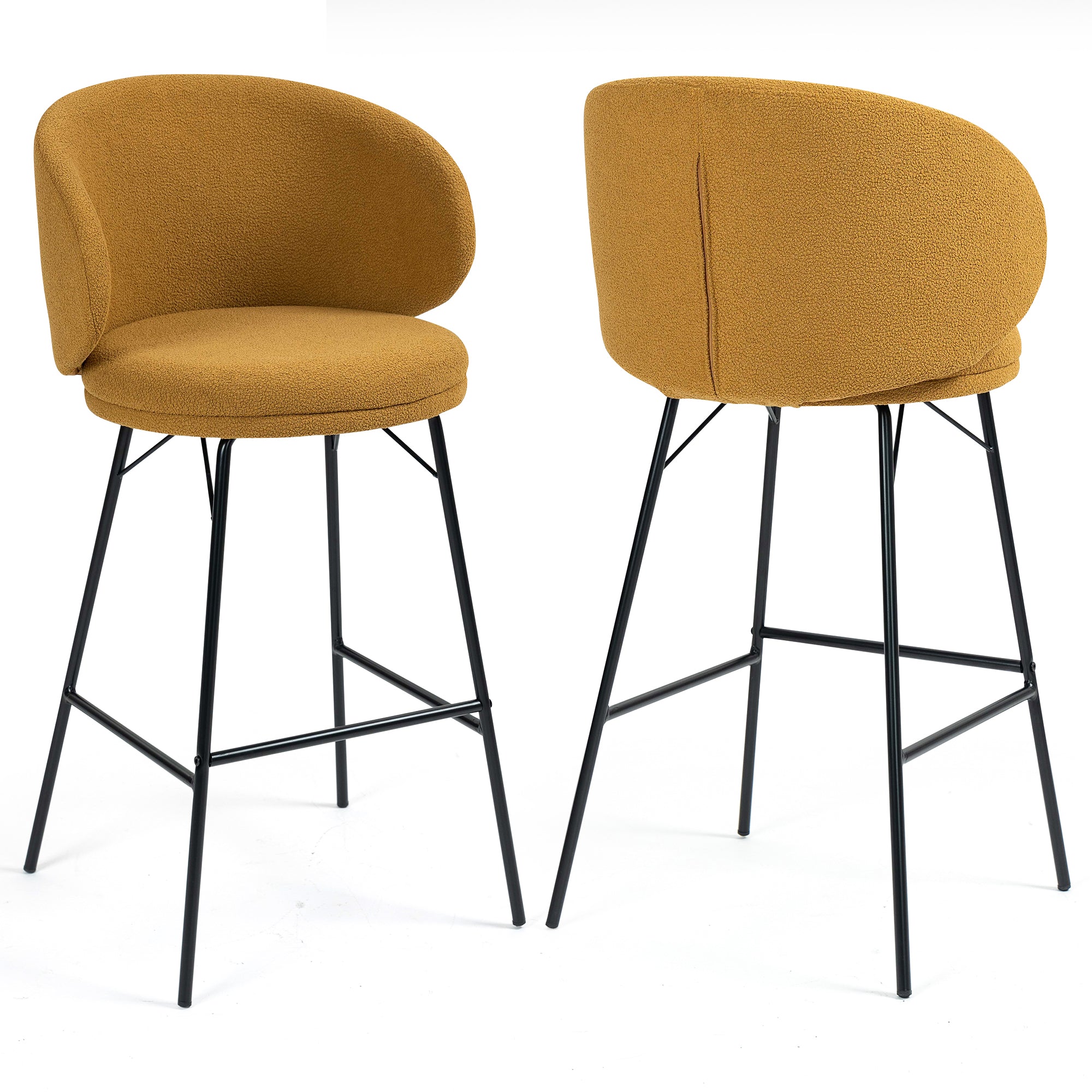 Set of 2 Baxter Brown Boucle Fabric Bar Stool with Black Iron Legs ...