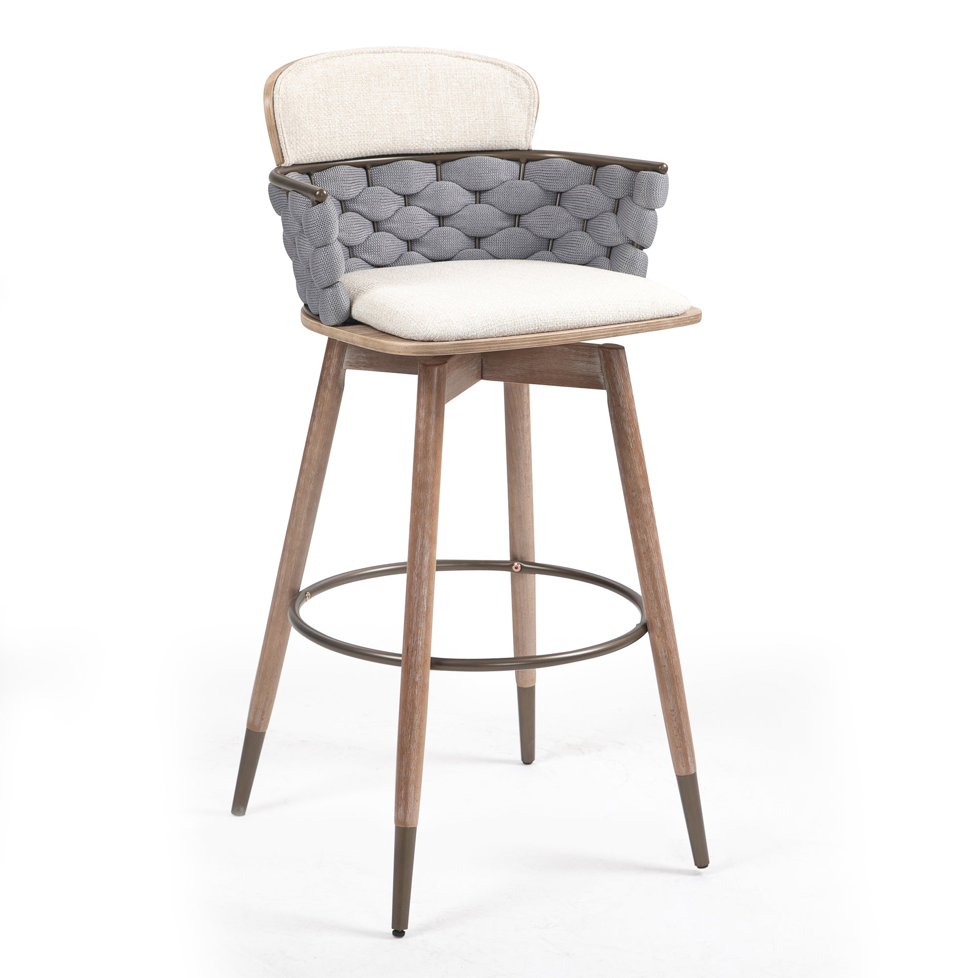 Bechor Beige and Gray Linen Fabric Bar Stool with Natural Wood Legs ...